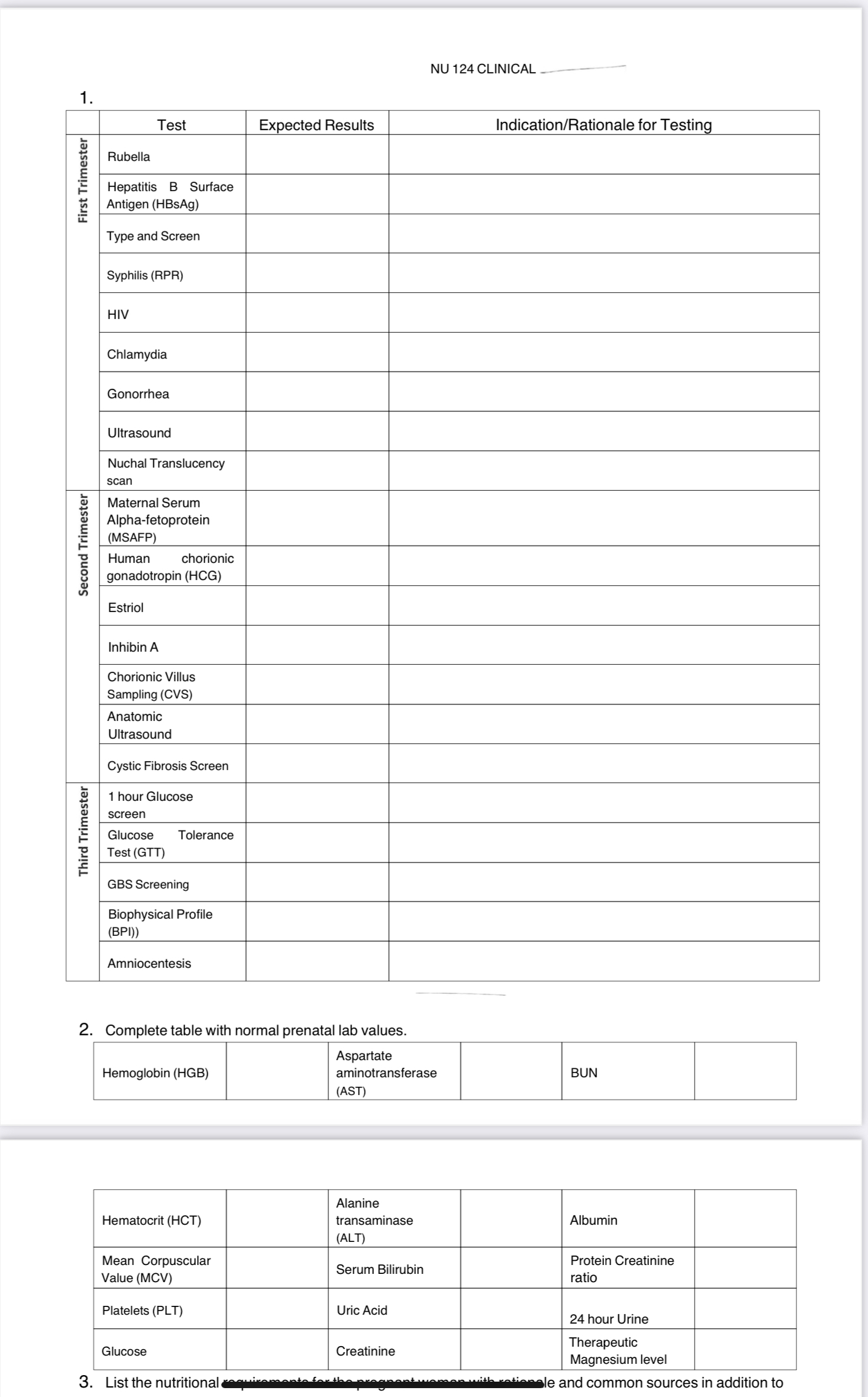 Solved Complete table with normal prenatal lab values.List | Chegg.com