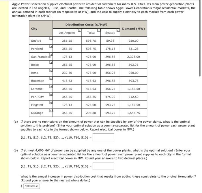 Solved Aggie Power Generation supplies electrical power to | Chegg.com
