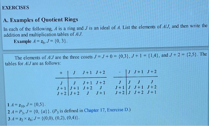 Solved A. Examples of Quotient Rings In each of the | Chegg.com