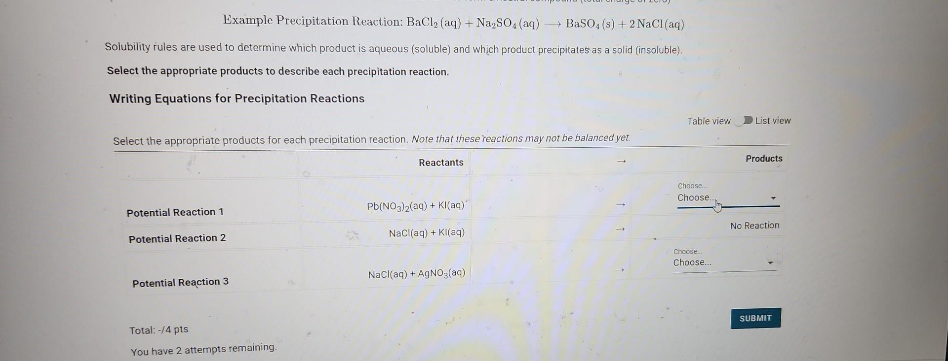 Solved Example Precipitation Reaction: | Chegg.com