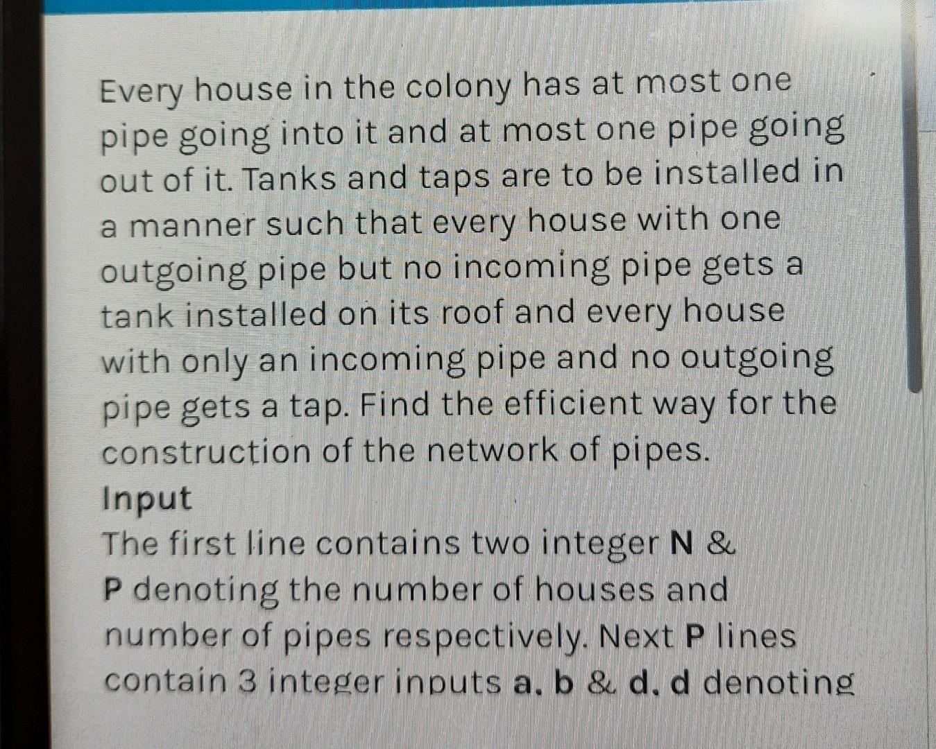 Solved Every house in the colony has at most one pipe going | Chegg.com