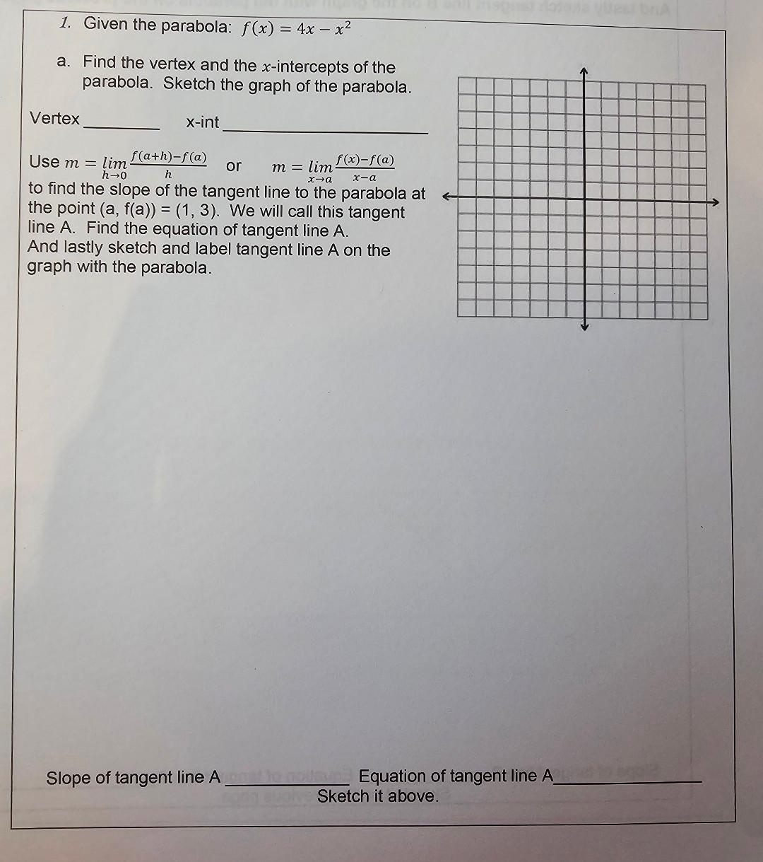 Solved 1. Given the parabola: f(x)=4x−x2 a. Find the vertex | Chegg.com