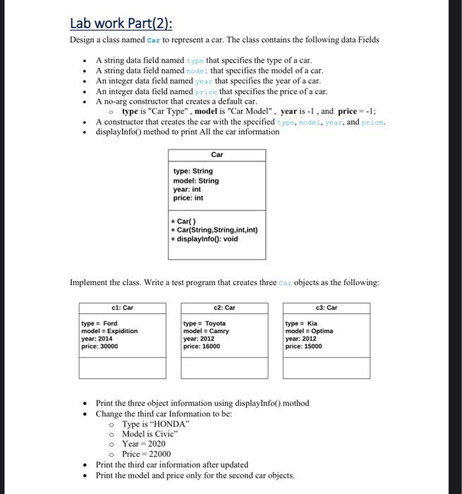 Solved Lab work Part(2): Design a class named car to | Chegg.com