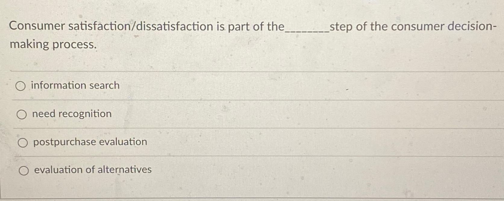 Solved Consumer satisfaction/dissatisfaction is part of the | Chegg.com