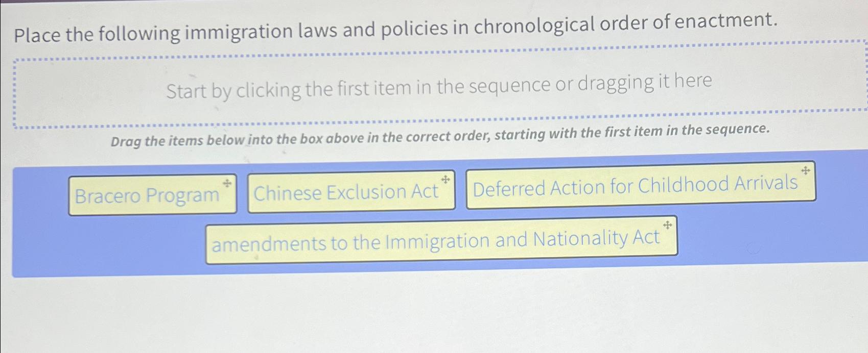 Solved Place the following immigration laws and policies in | Chegg.com