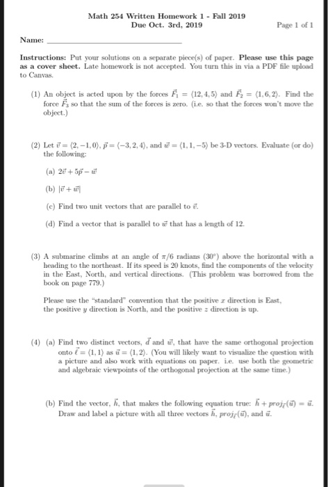 Solved Math 254 Written Homework 1 - Fall 2019 Due Oct. 3rd, | Chegg.com