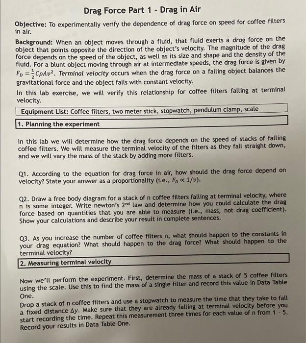 Solved Drag Force Part 1 - Drag in Air Objective: To | Chegg.com