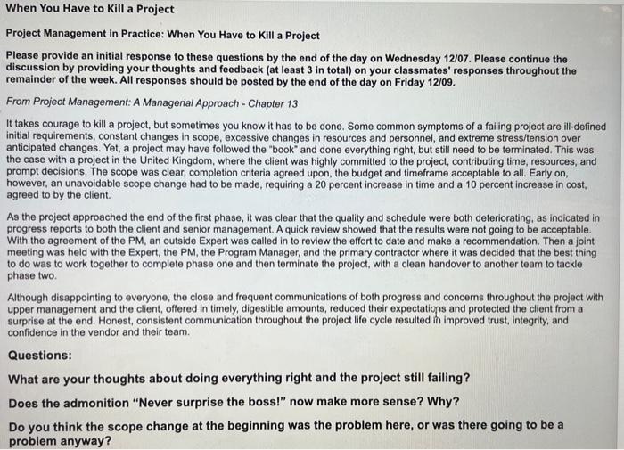 Solved Project Management in Practice: When You Have to Kill | Chegg.com