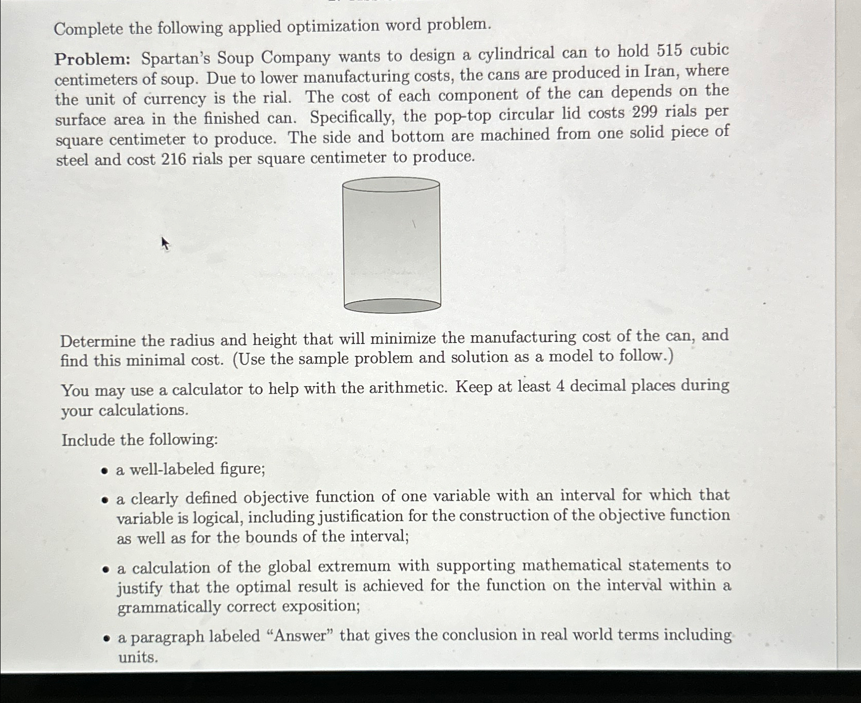 Solved Complete the following applied optimization word | Chegg.com