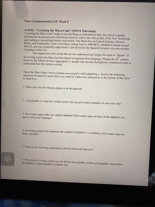 Mass Communication 110: Week 8 Activity: "Cracking | Chegg.com