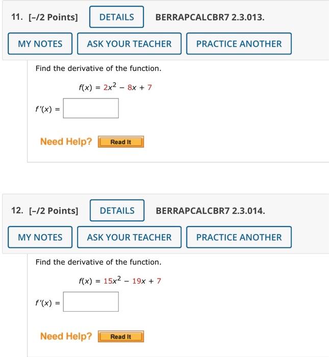 Solved 11. [-/2 Points ] BERRAPCALCBR7 2.3.013. Find the | Chegg.com