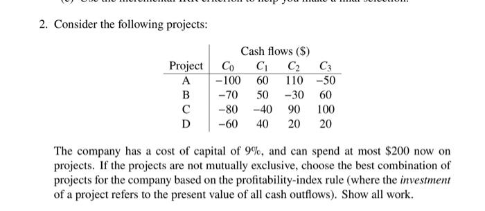Solved 2. Consider the following projects: The company has a | Chegg.com