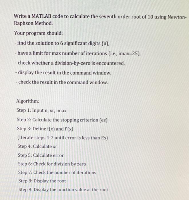 Solved Write a MATLAB code to calculate the seventh order | Chegg.com