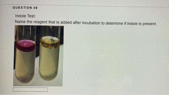 Solved QUESTION 48 Indole Test: Name the reagent that is | Chegg.com