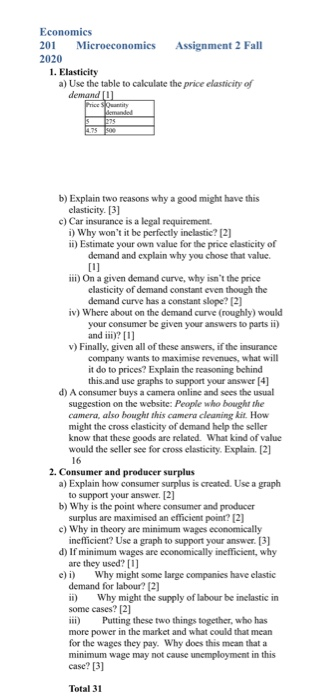 Solved Economics 201 Microeconomics Assignment 2 Fall 2020 | Chegg.com