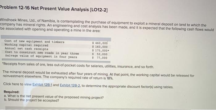 Solved Problem 12-16 Net Present Value Analysis (L012-2] | Chegg.com