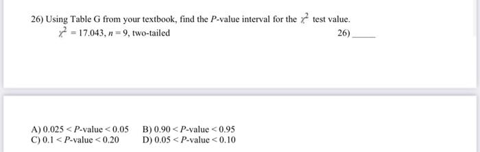 Solved 26) Using Table G from your textbook, find the | Chegg.com