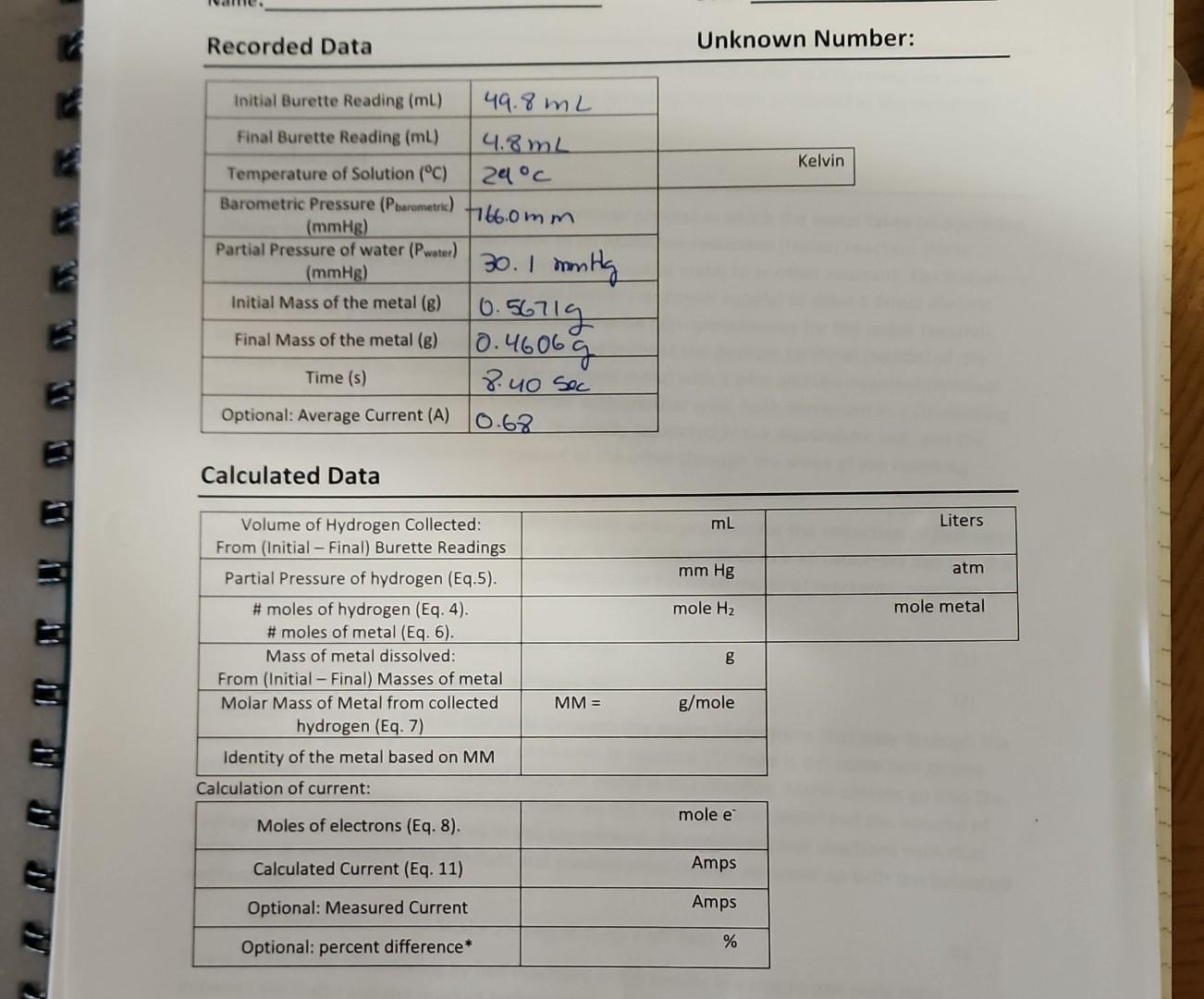 Solved Recorded Data Calculated Data | Chegg.com