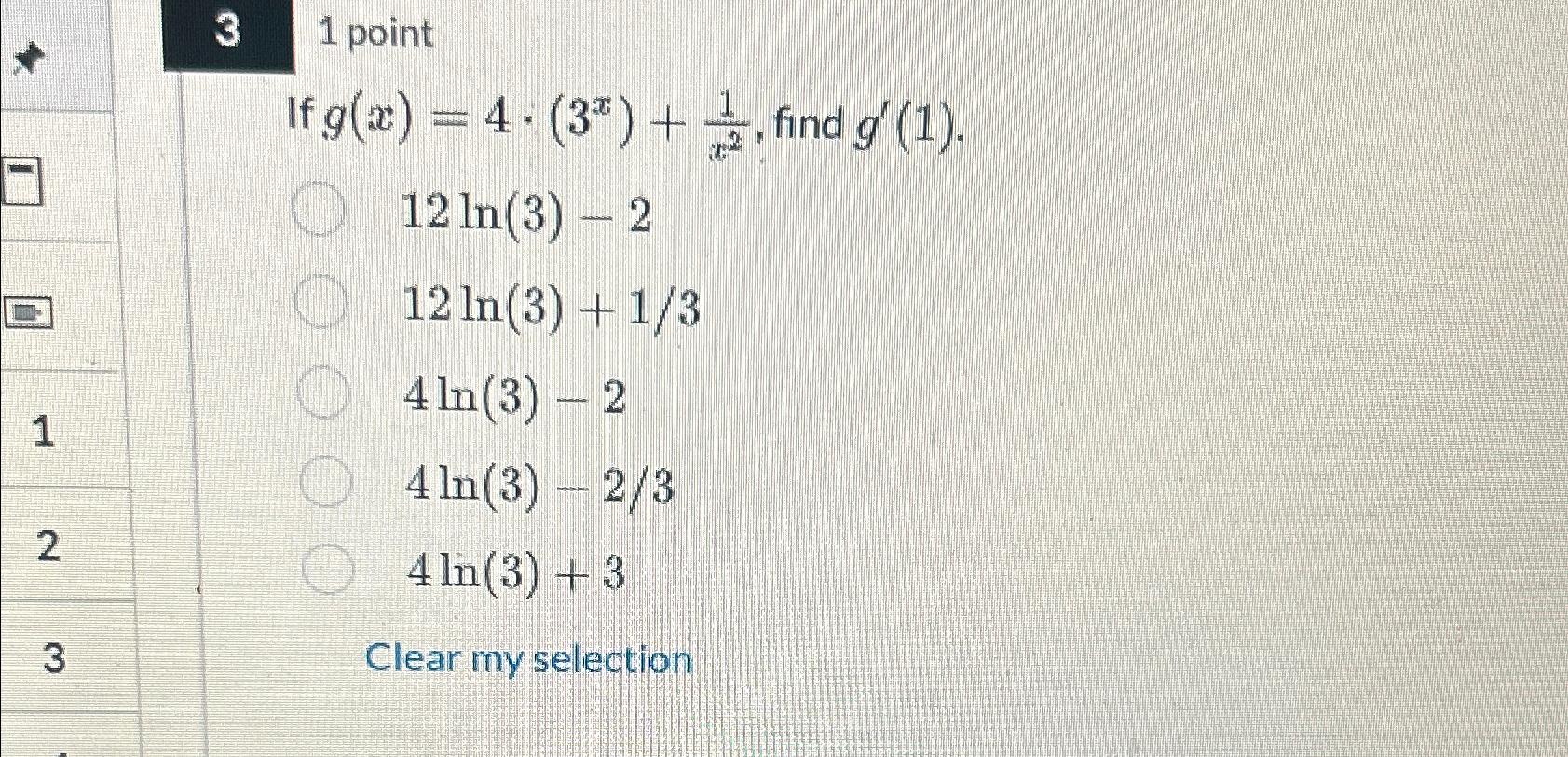 Solved 3,1 ﻿pointIf g(x)=4*(3x)+1x2, ﻿find | Chegg.com