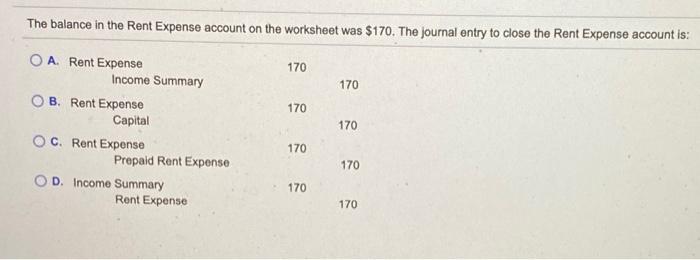 Solved The balance in the Rent Expense account on the | Chegg.com