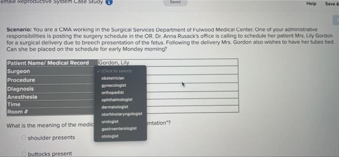 Solved emale Reproductive System Case Study Patient Name/ | Chegg.com