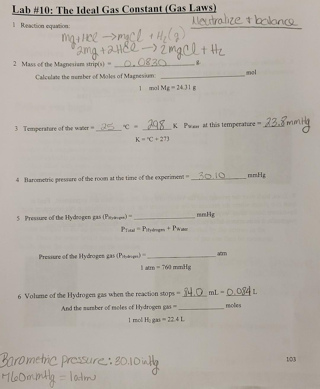 Solved Lab #10: The Ideal Gas Constant (Gas Laws) Neutralize | Chegg.com