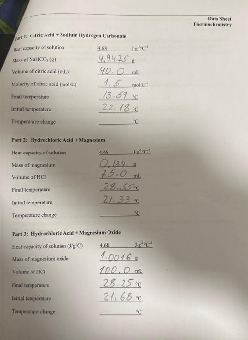 Solved Data Sheet Thermochemistry part 1: Citric Acid + | Chegg.com