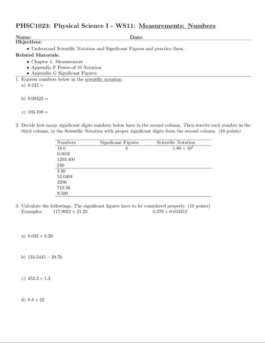PHSC1023: Physical Science I - WS11: Measurements: | Chegg.com