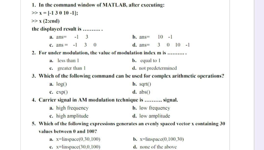 Solved 1. In the command window of MATLAB, after executing: | Chegg.com