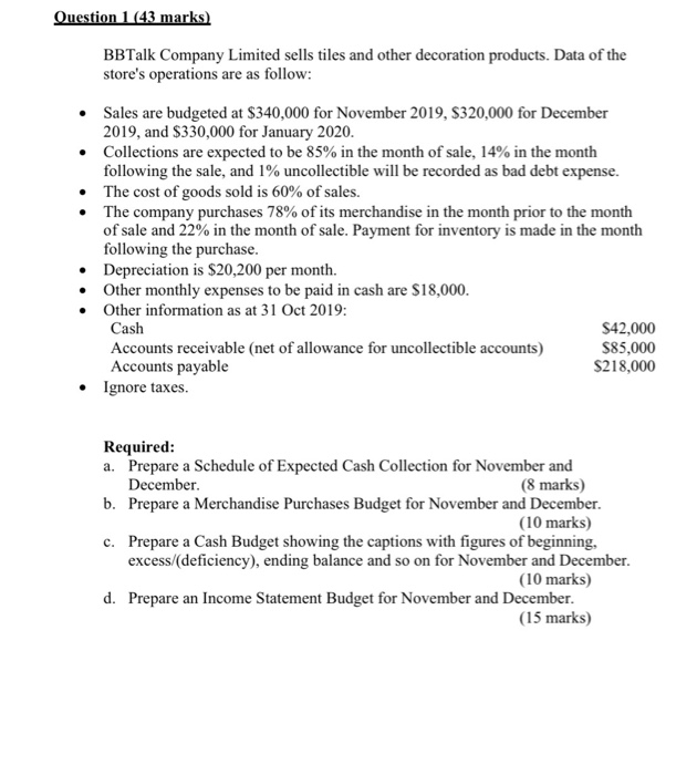 Solved Question 1 (43 marks) BBTalk Company Limited sells | Chegg.com