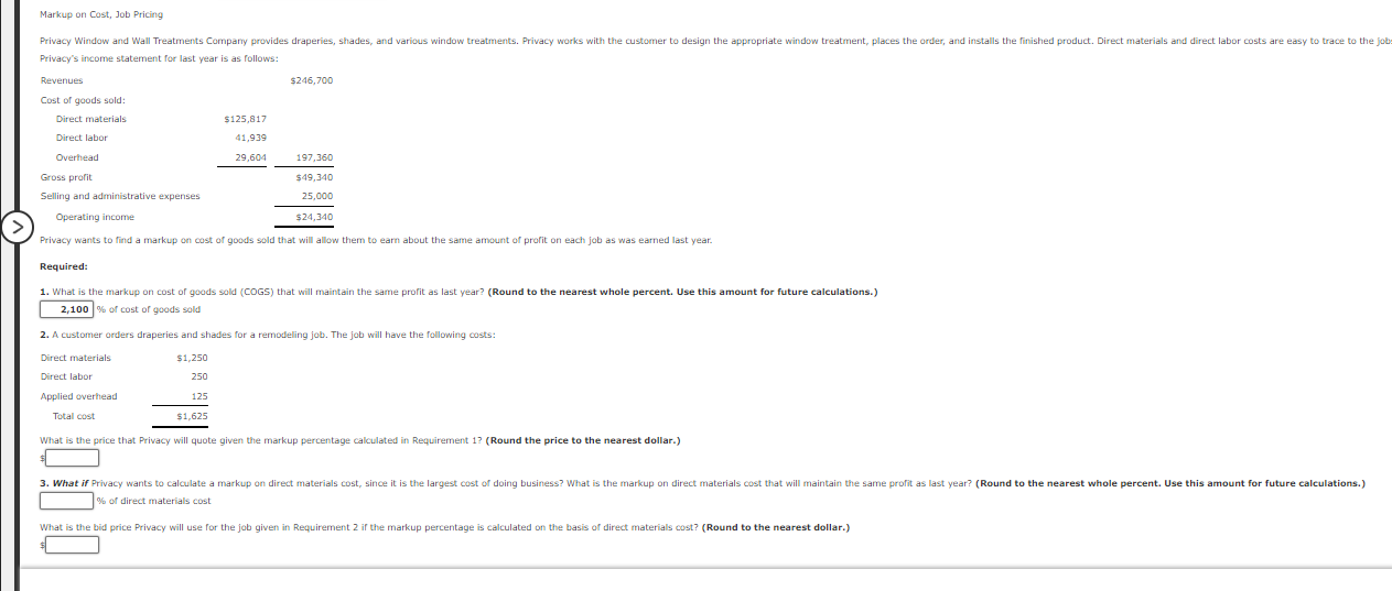 Solved Markup on Cost, Job PricingPrivacy's income statement | Chegg.com