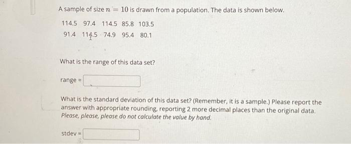 Solved A sample of size n=10 is drawn from a population. The | Chegg.com