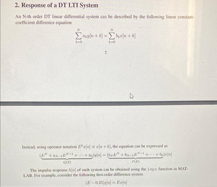 Solved 2. Response of a DT LTI System An N-th order DT | Chegg.com