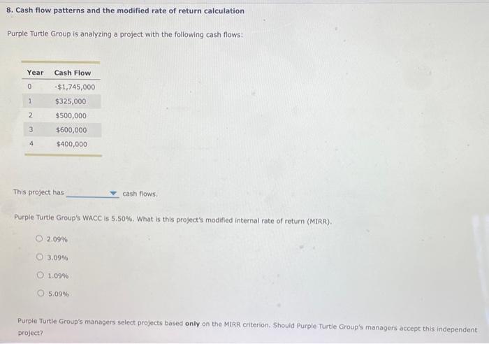 Solved 8. Cash flow patterns and the modified rate of return | Chegg.com