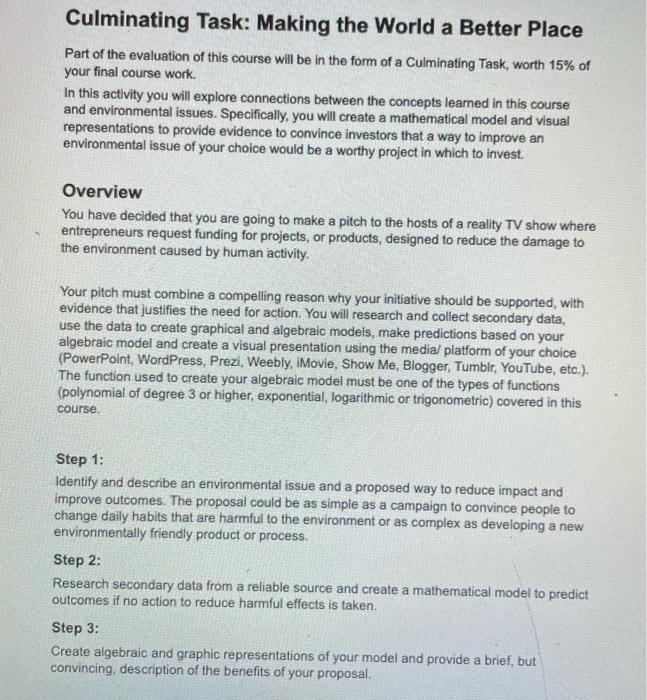 Solved Culminating Task: Making the World a Better Place | Chegg.com