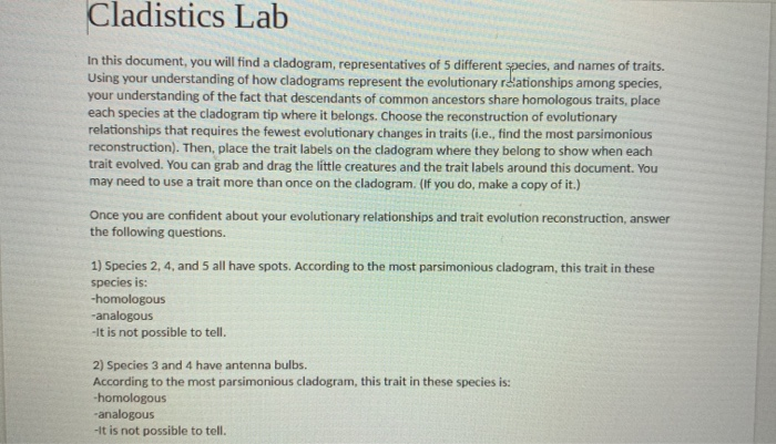 Solved Cladistics Lab In this document, you will find a | Chegg.com