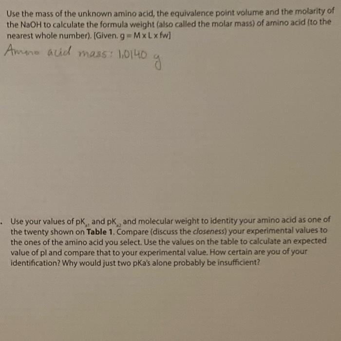 Solved 1. Titration of Amine Acid Mass of amino acid | Chegg.com