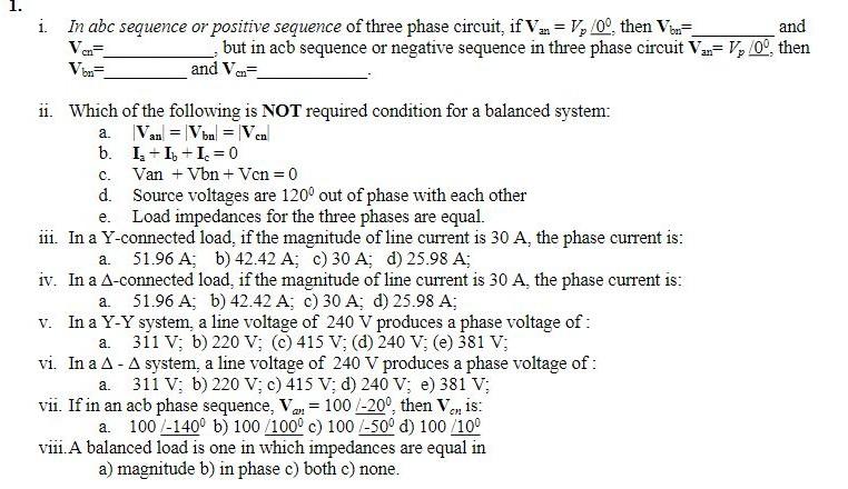 Solved 1. i. In abc sequence or positive sequence of three | Chegg.com