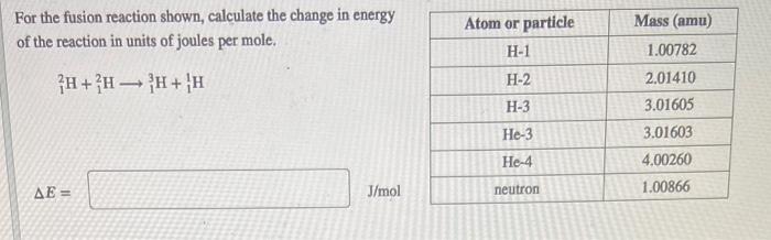 Solved Mass (amu) For the fusion reaction shown, calculate | Chegg.com