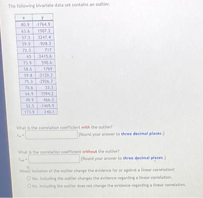 Solved The following bivariate data set contains an outlier. | Chegg.com