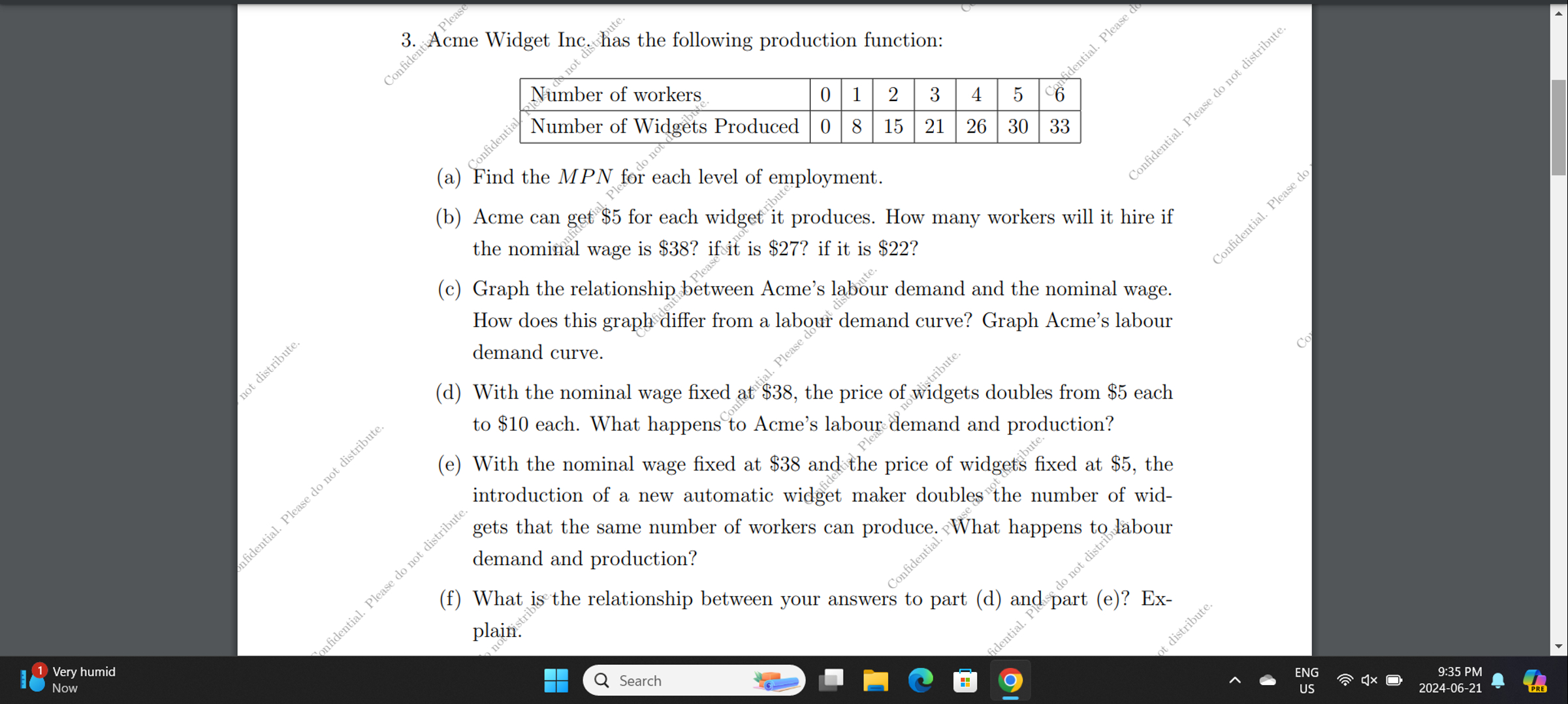Solved Acme Widget Inc. has the following production | Chegg.com