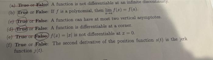 Solved (a) True-or False: A function is not differentiable | Chegg.com