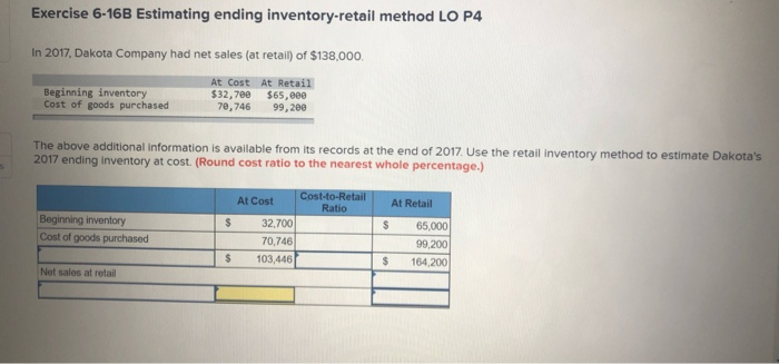 Solved Exercise 6-16B Estimating ending inventory-retail | Chegg.com