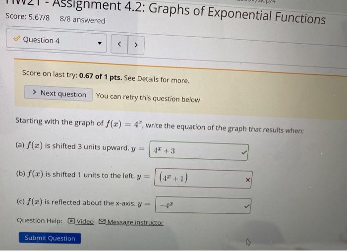 Solved Ssignment 4.2: Graphs of Exponential Functions Score: | Chegg.com