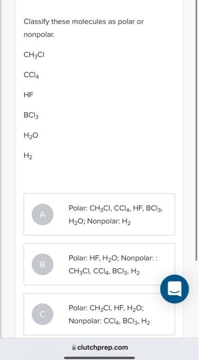 Solved Classify these molecules as polar or nonpolar. CH3CI | Chegg.com