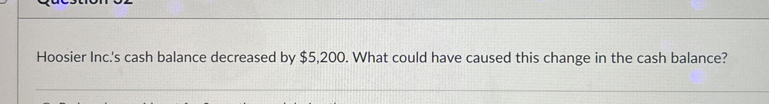 Solved Hoosier Inc.'s cash balance decreased by $5,200. | Chegg.com