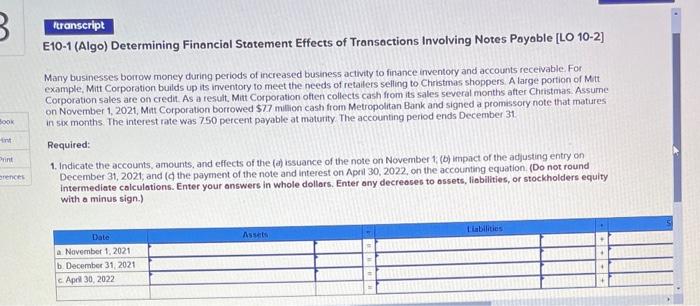 Solved E10-1 (Algo) Determining Financial Statement Effects | Chegg.com