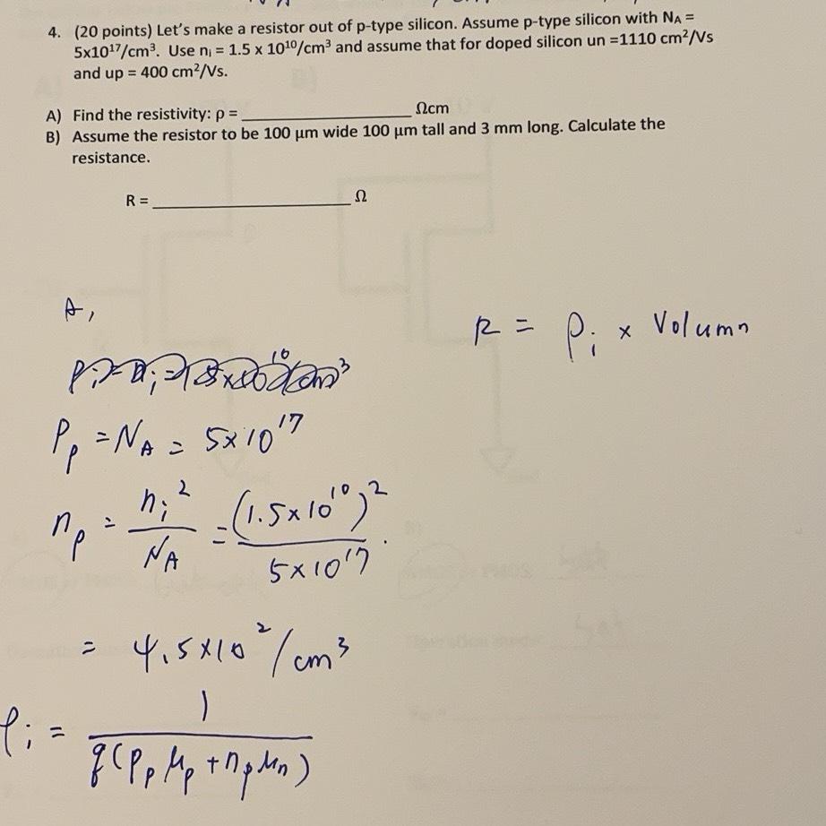 Solved (20 ﻿points) ﻿Let's make a resistor out of p-type | Chegg.com