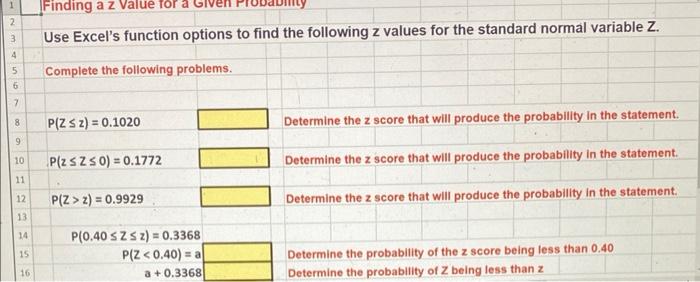 Solved Use Excel's function options to find the following z | Chegg.com