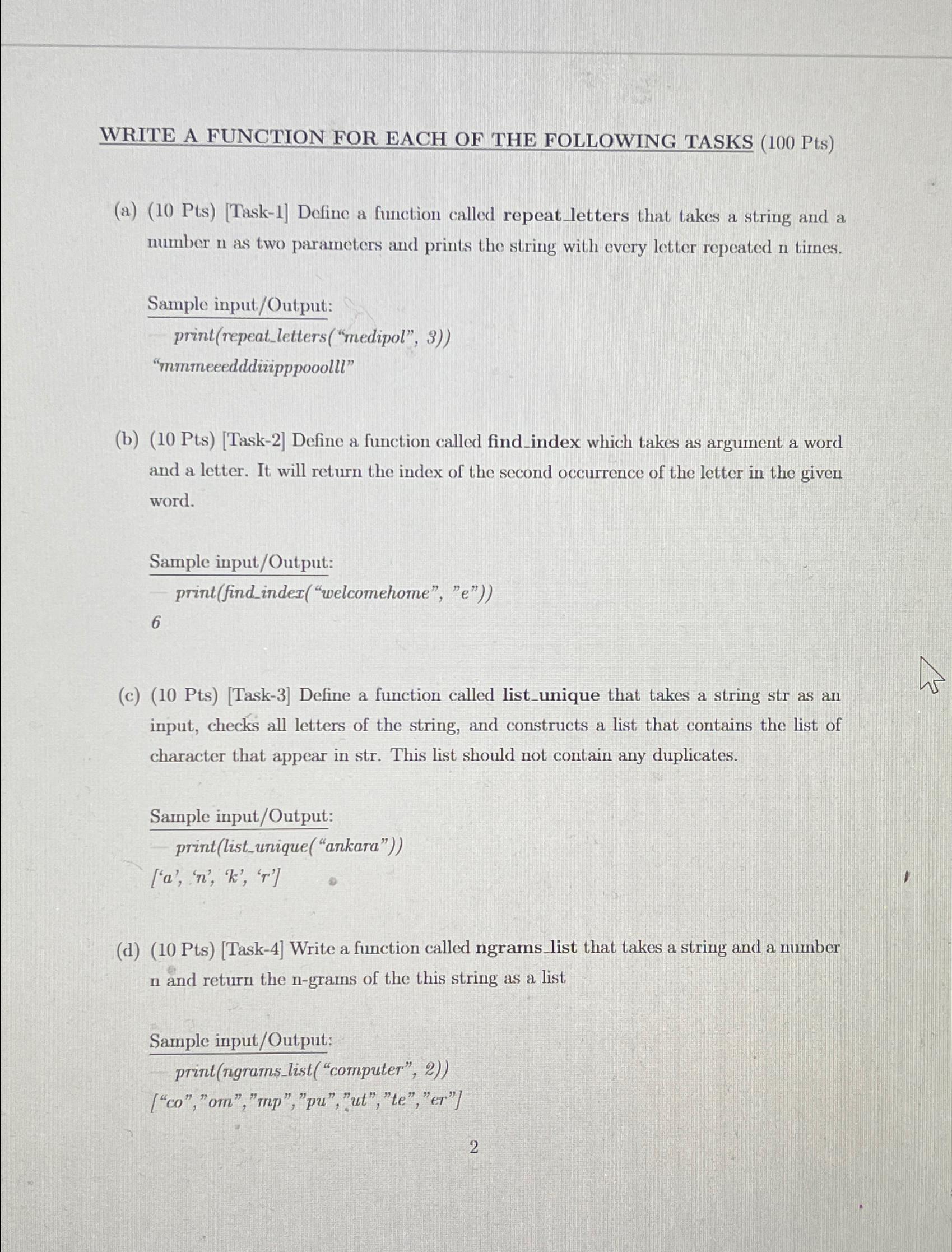 Solved WRITE A FUNCTION FOR EACH OF THE FOLLOWING TASKS (100 | Chegg.com